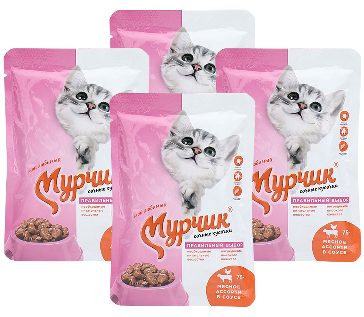 Корм влажный Мурчик для взрослых кошек, мясное ассорти в соусе, пауч, 75 гр х 4 шт