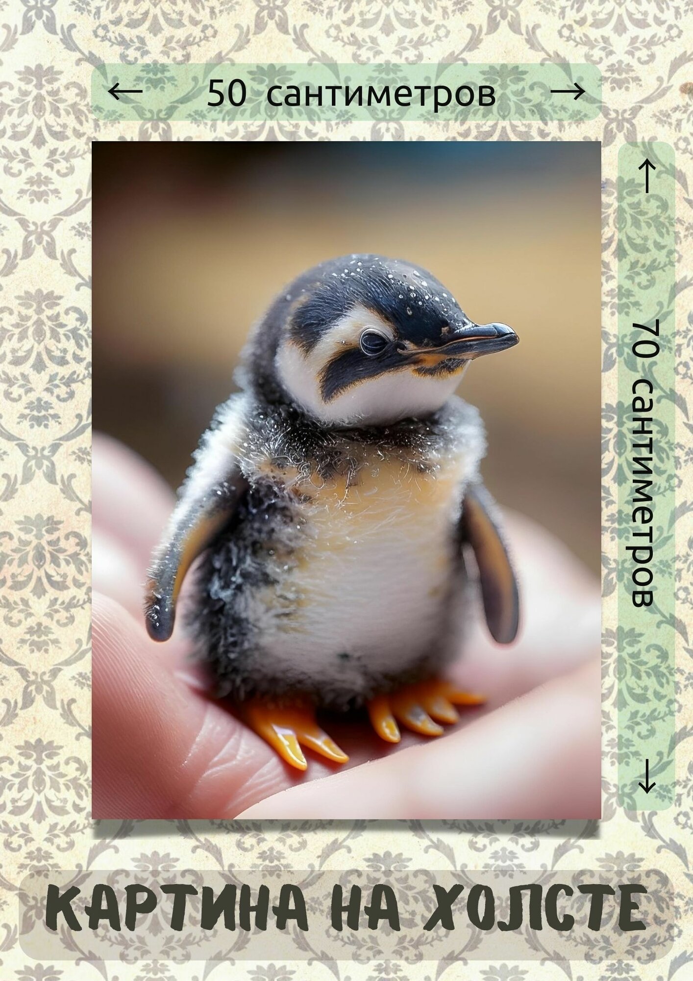 Картина интерьерная с ручными животными - "Маленький пингвин в руках"