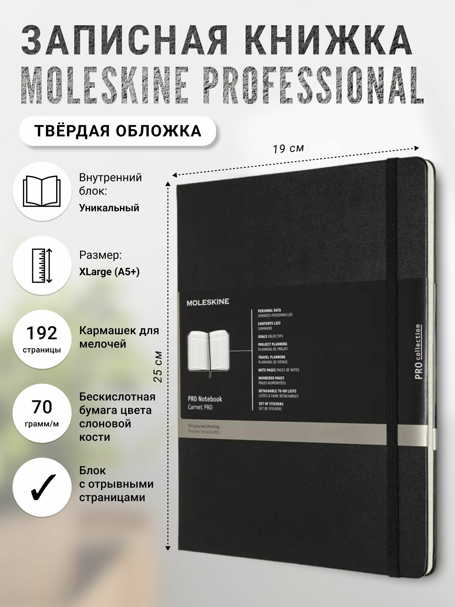 Записная книжка Moleskine Professional, Xlarge (19x25 см), черная в твердой обложке