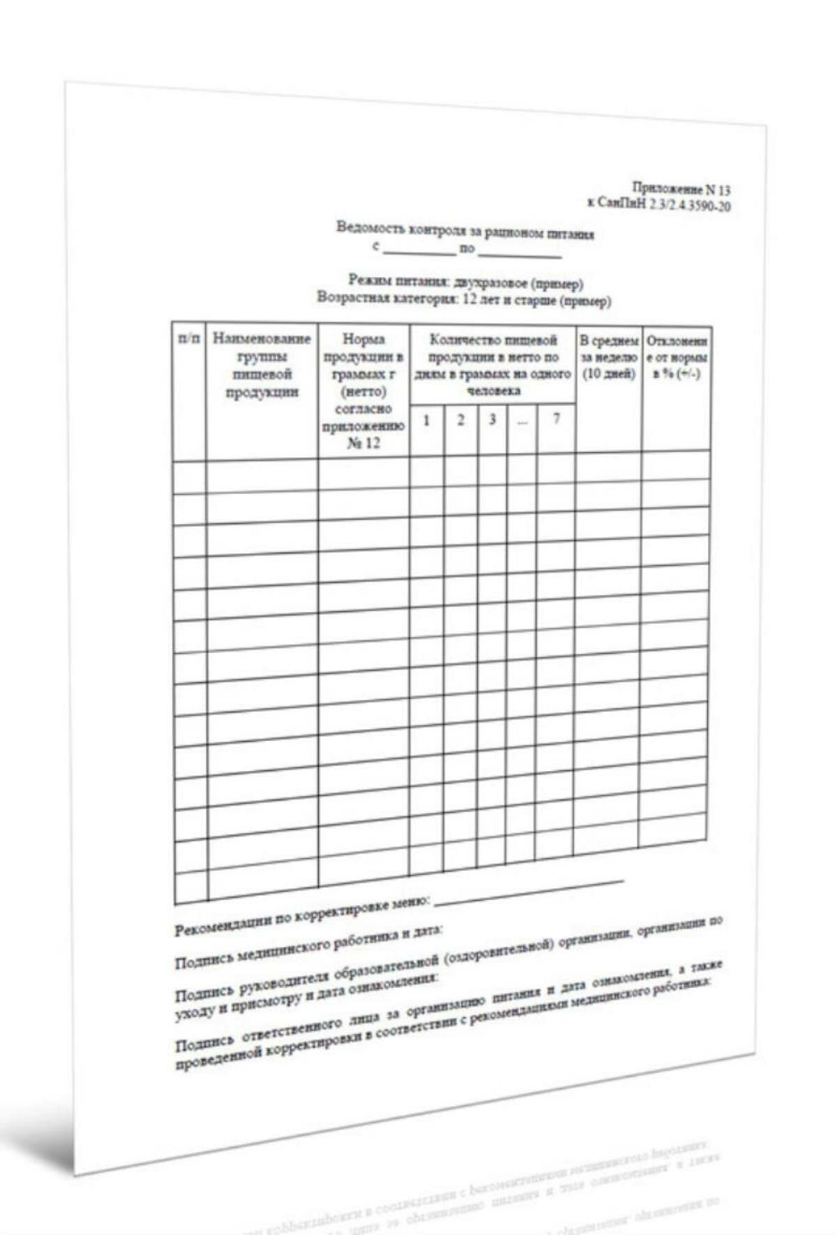Ведомость контроля за рационом питания