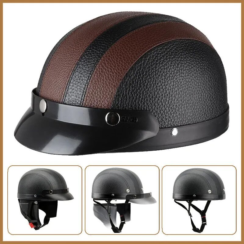 Мотоциклетный ретро-шлем каска байкера сувенирная, цвет черно-коричневый экокожа