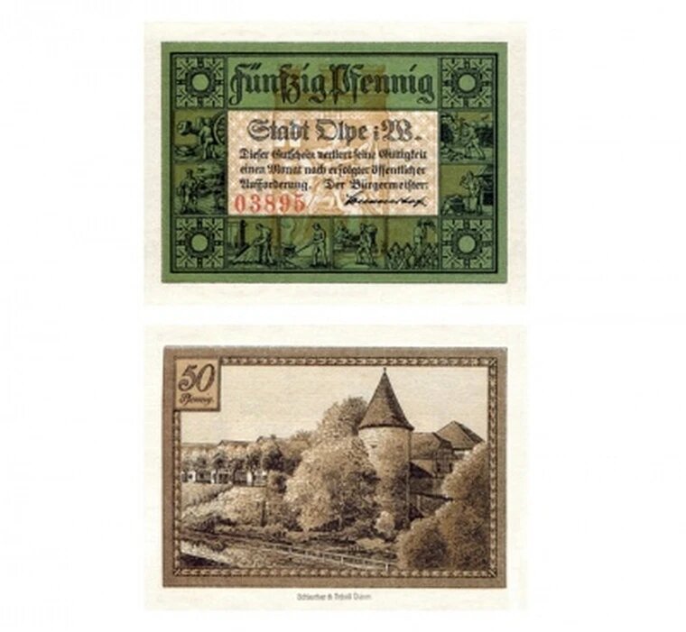 Нотгельд 50 пфеннигов 1921 Германия, Ольпе, сувенирная копия, банкноты и купюры редкие коллекционные