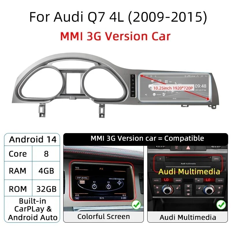 Для Audi Q7 4L 2005-2015 MMI Android 14 Беспроводной CarPlay GPS Автомобильный 4G32 MMI 3G 09-15