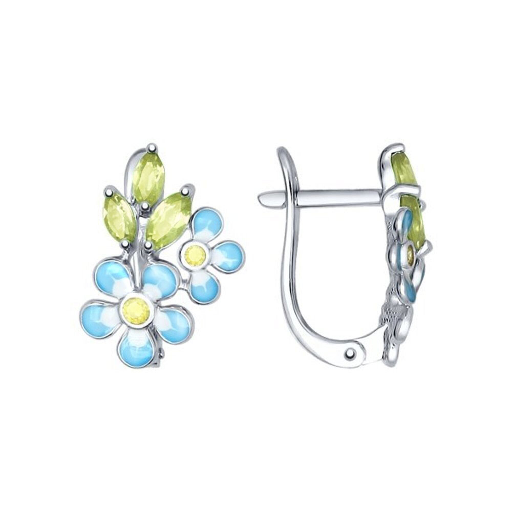 Серьги, серебро, 925 проба, родирование, фианит, эмаль, хризолит