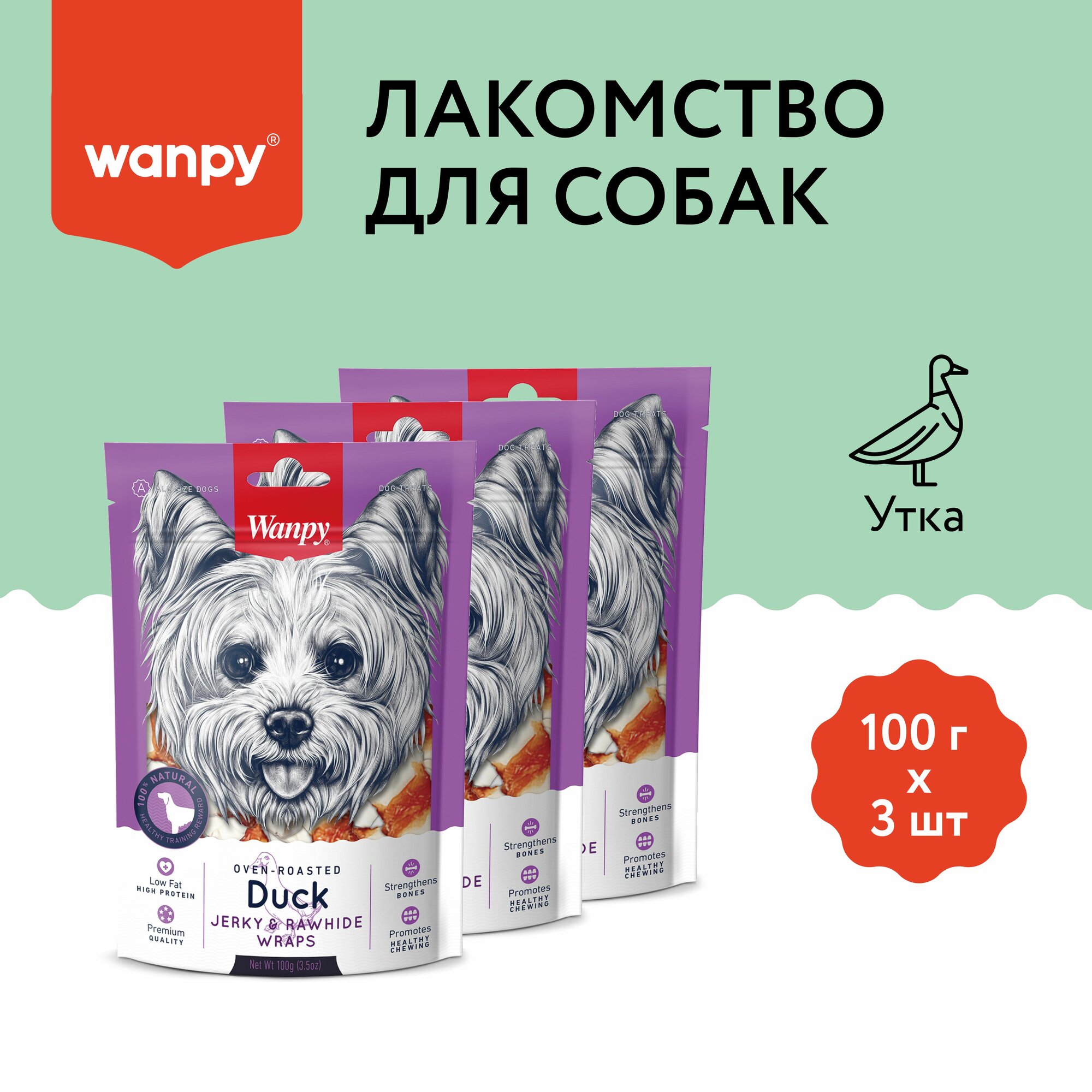 Лакомство Wanpy кости из сыромятной кожи с уткой для собак всех пород 100 г*3 шт