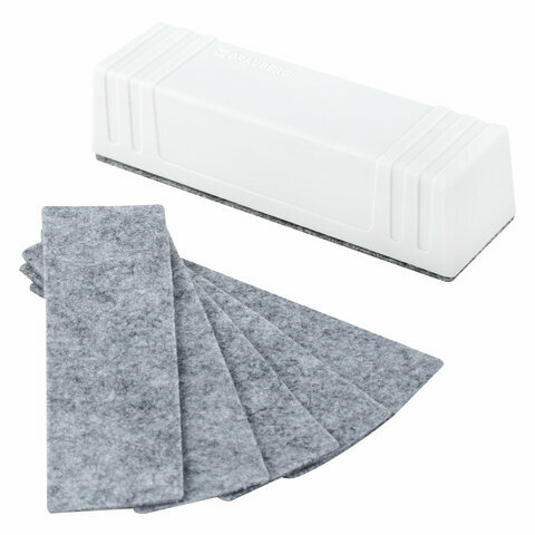 Стиратель магнитный для доски (45х145 мм) + 5 сменных салфеток, BRAUBERG "Standard", цвет белый, 238792