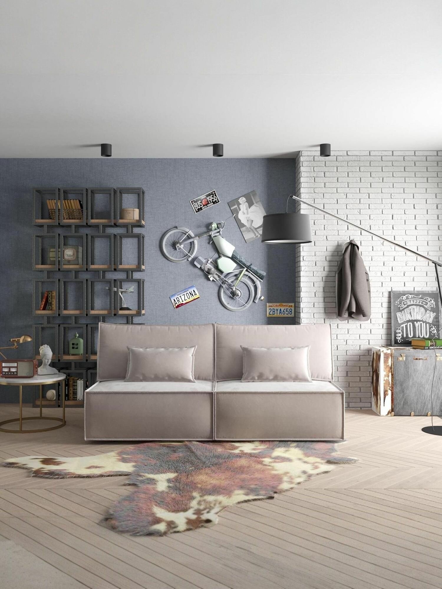 Прямой диван Manons Maison Hygge Short, раскладной механизм Еврокнижка (Тик-так), Велюр бежевый, 200х100х86 см