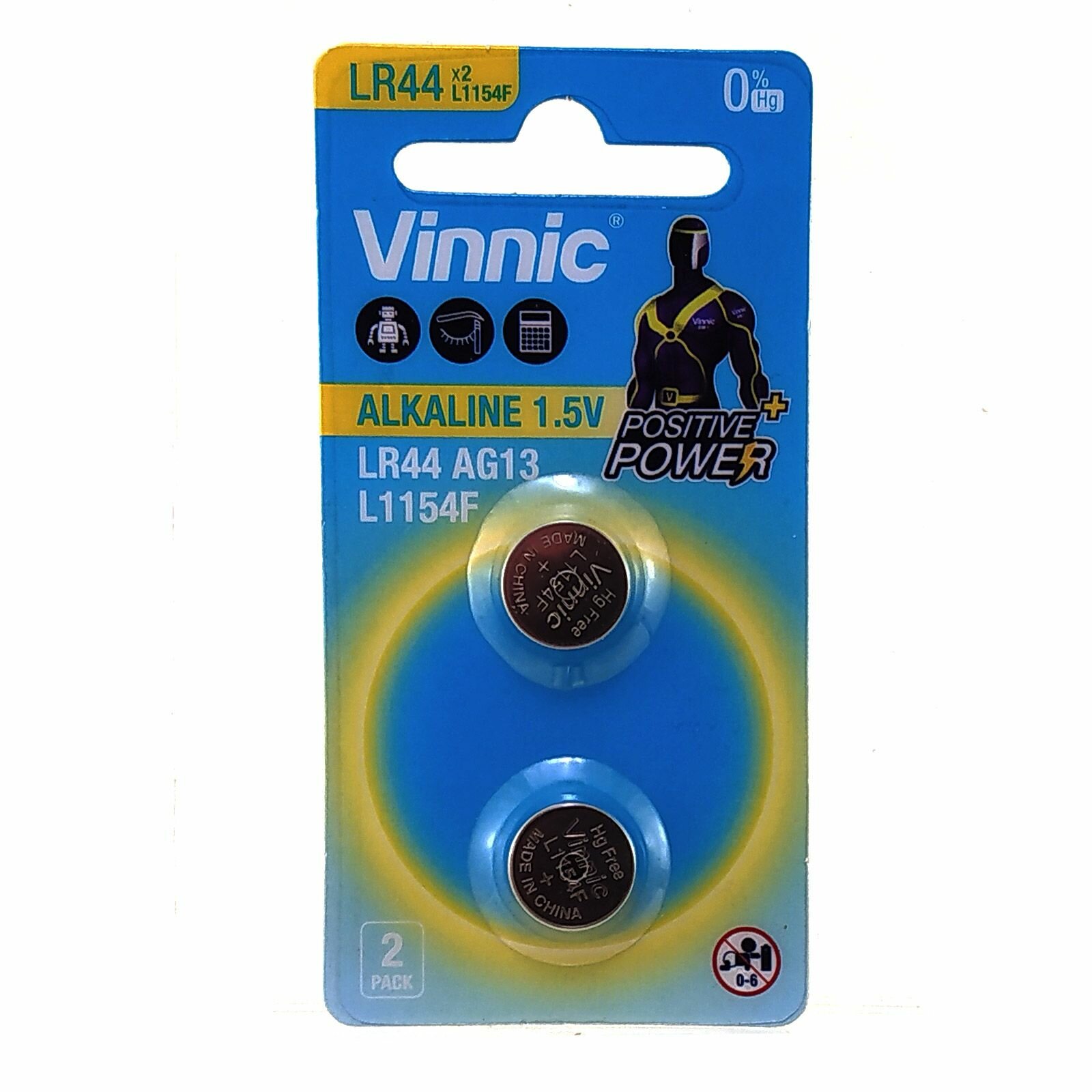 Батарейка (2шт) VINNIC L1154 (AG13, LR44) щелочная(алкалиновая)1,5В для часов (бл2)