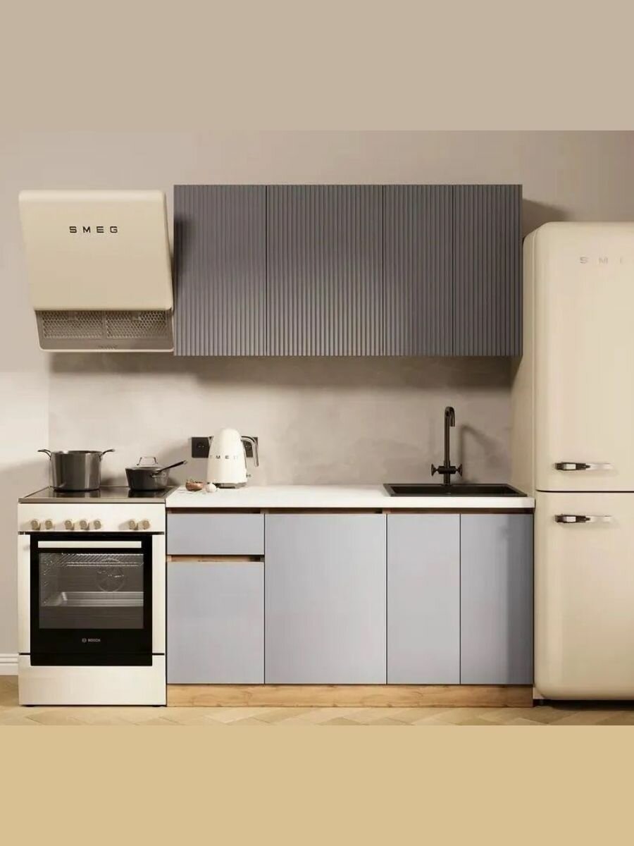 Кухонный гарнитур Игни Ника 1.5м без столешницы 1500х2160х477, Дуб вотан/Графит софт/Серый софт