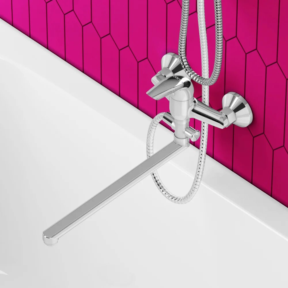 Смеситель с длинным изливом для ванны DIWO Валдай DW-VAL-95-000 с душевым гарнитуром, поворотный, латунный, хром, глянцевый, смеситель для ванны с душем, рычажный