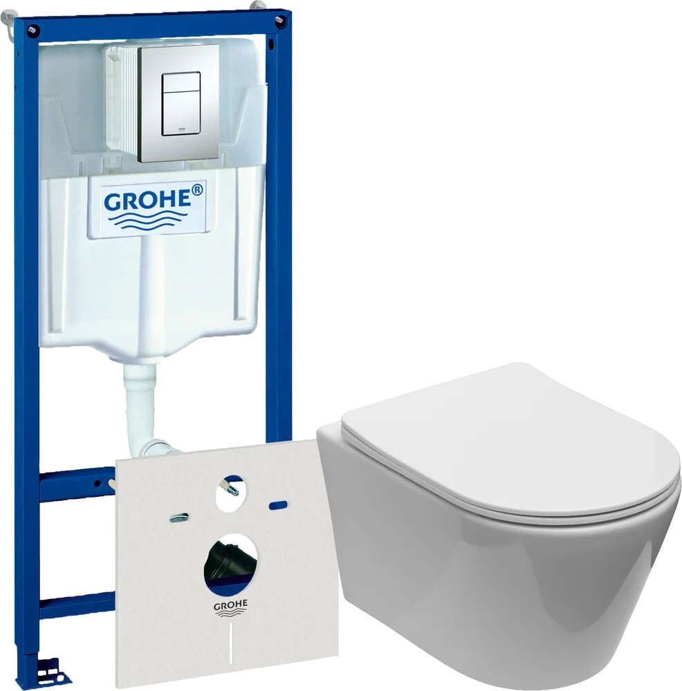 Комплект 2 в 1 Унитаз подвесной Aquanet Logan Tornado 340298 / Инсталляция с кнопкой Grohe Rapid SL 38775001 цвет хром