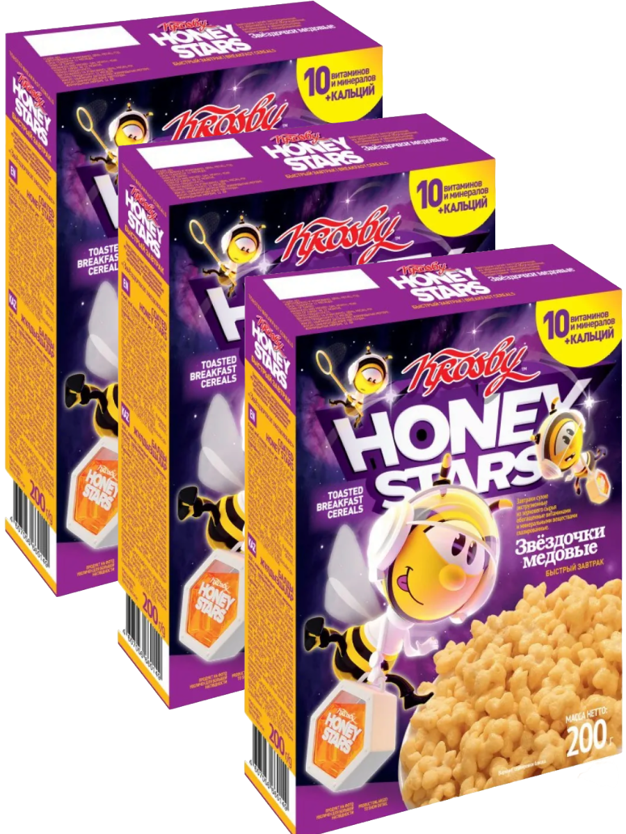 Готовый завтрак Медовые звездочки Krosby, 3шт по 200г