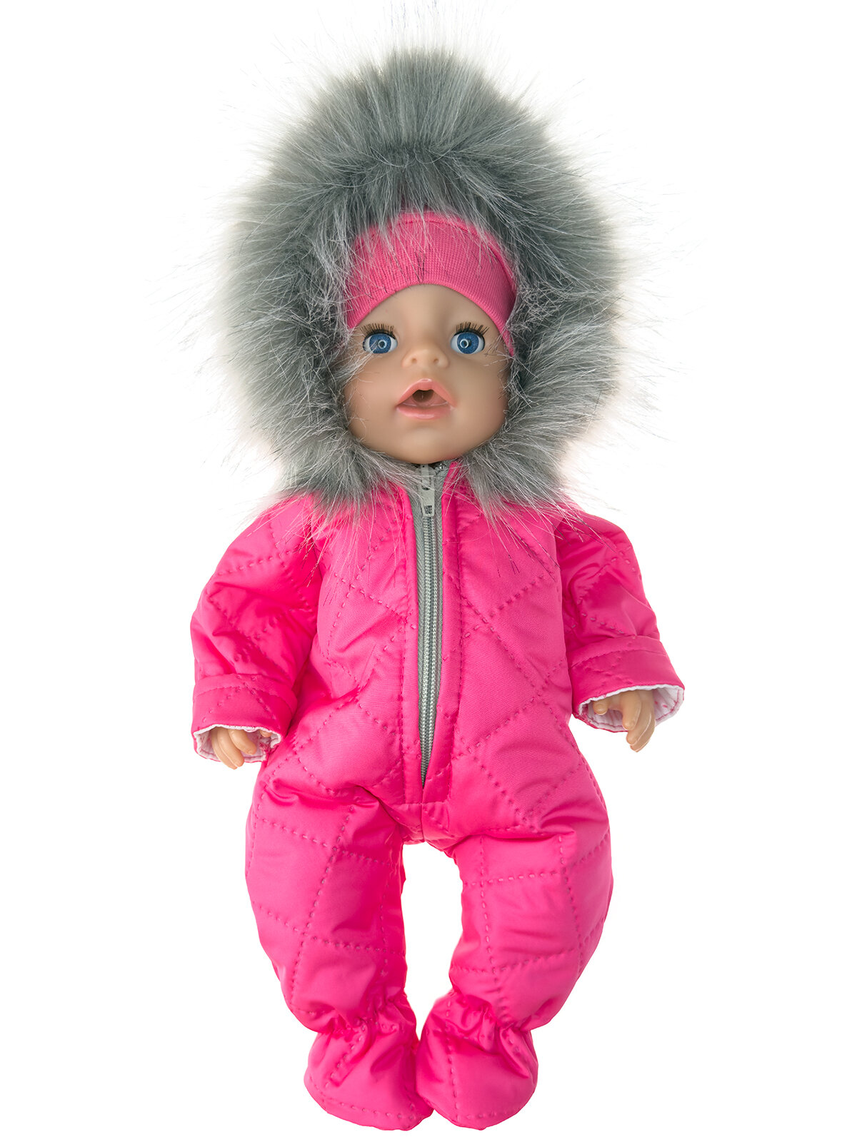 Зимний комбинезон малиновый и шапка для пупса 38-43 см