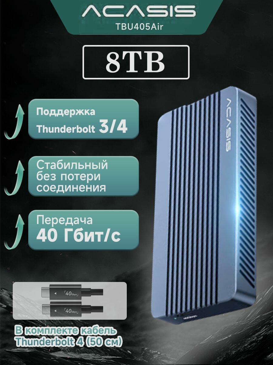 ACASIS TBU405air Thunderbolt 3 M.2, емкость 8 ТБ, скорость передачи данных 40 Гбит/с. Поддерживает только интерфейсы Thunderbolt 3 и USB4, теплоотвод из алюминиевого сплава.