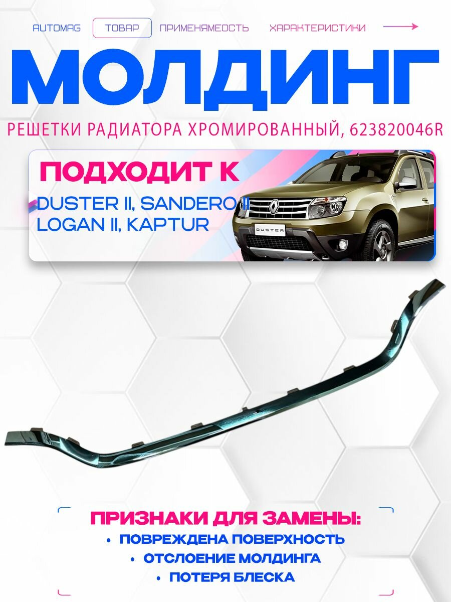 Молдинг решетки радиатора хромированный Renault Duster 2 (2021-н. в.) Арт: 623820046R