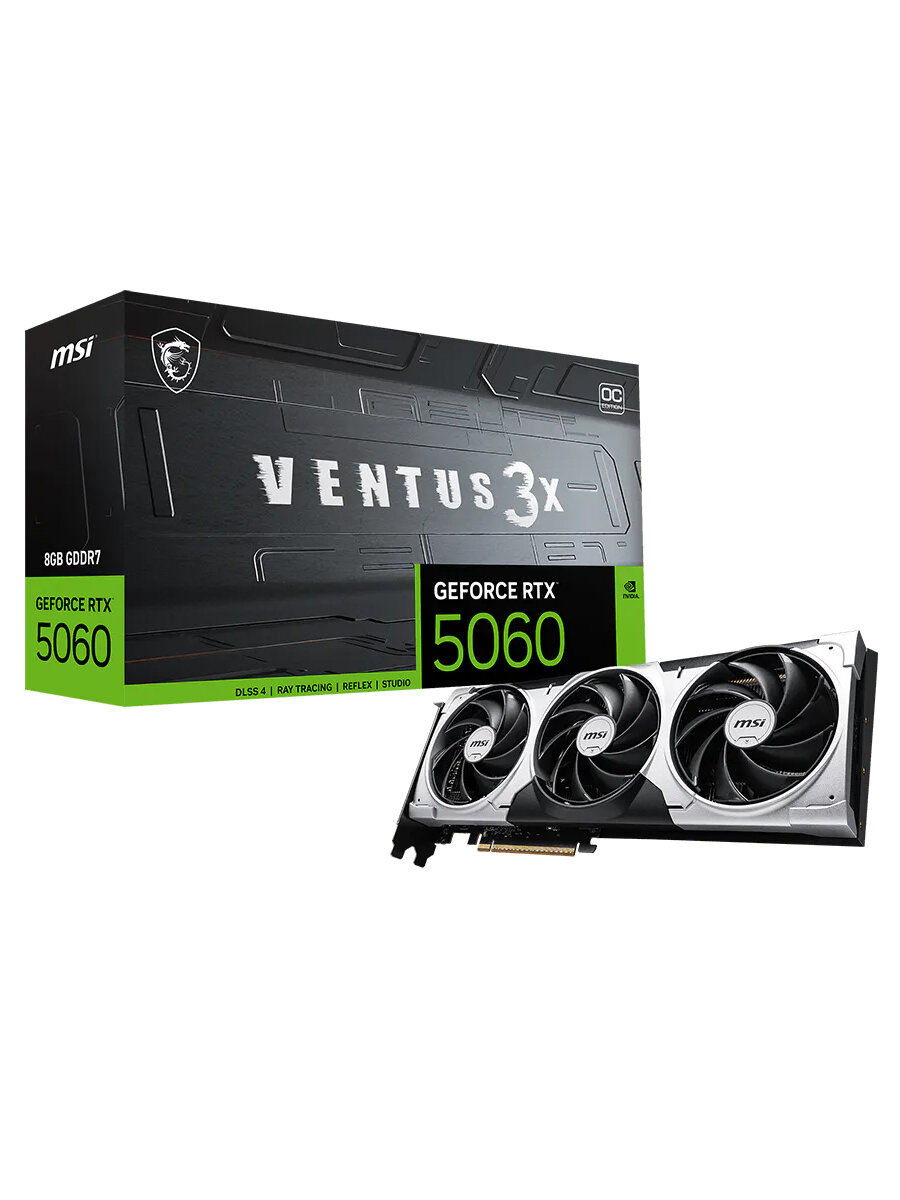 Видеокарта MSI nVidia GeForce RTX 5060 8G VENTUS 3X OC (8Gb, GDDR7, 128 bit, 3xDP+HDMI, RTL) (RTX 5060 8G VENTUS 3X OC)