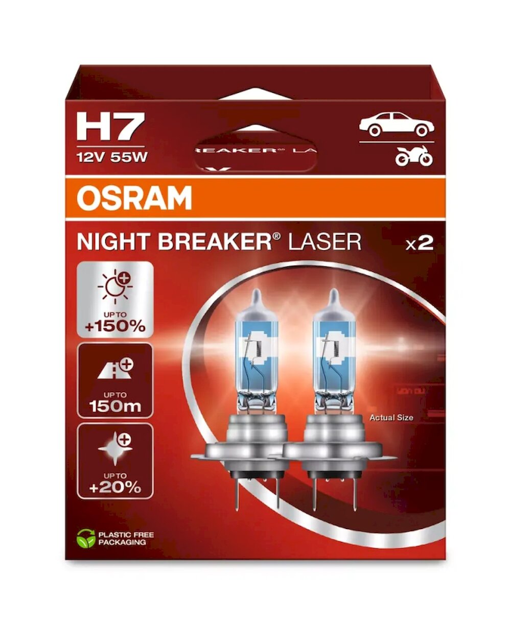 Автолампа галогенная H7 (55W PX26D +150%) NIGHT BREAKER LASER (евробокс, 2шт) 12V OSRAM