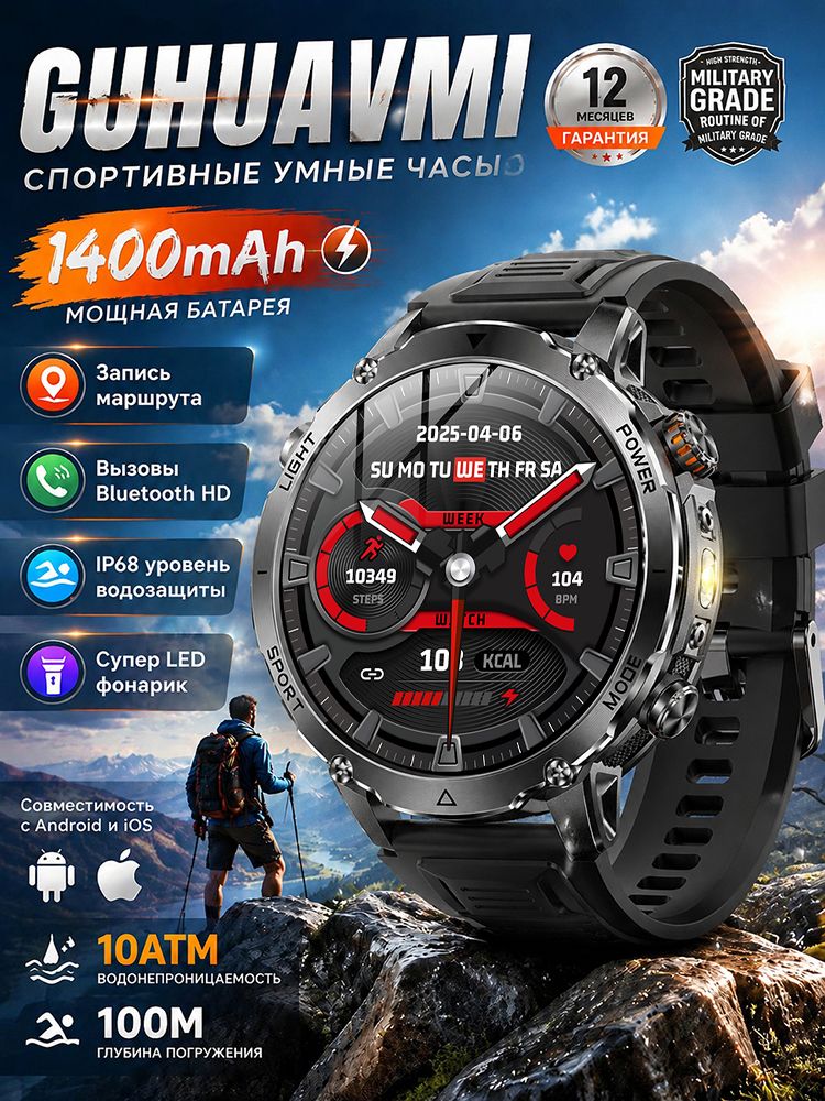KENPANG Смарт-часы Умные часы AK106 мужские спортивные с функцией звонка, смарт часы с влагозащитой IP68 для Android и iOS, фитнес браслет металлический с большим экраном 1.7", 52mm, черное
