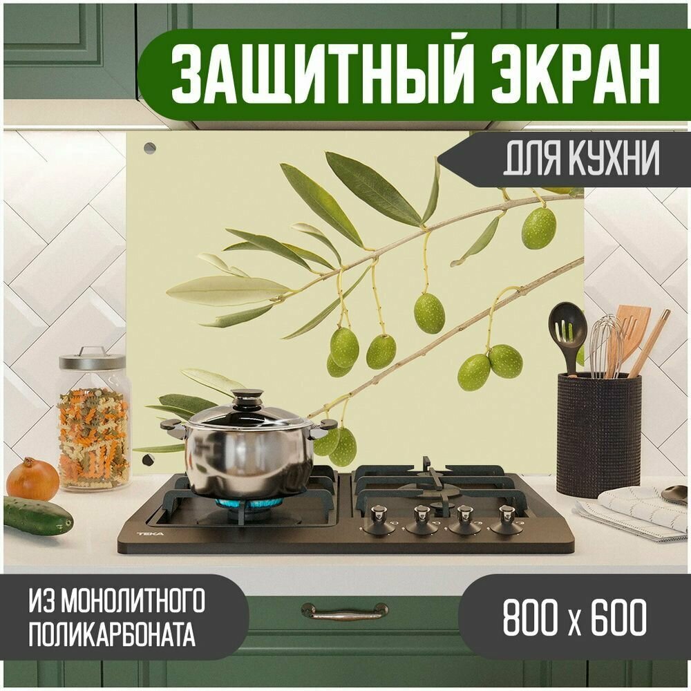 Защитный экран из акрилового стекла (поликарбонат) на кухонный фартук в зону мойки и плиты с фотопечатью. Панель на стену с рисунком Оливки 800 х 600 х 3 мм, 800-004