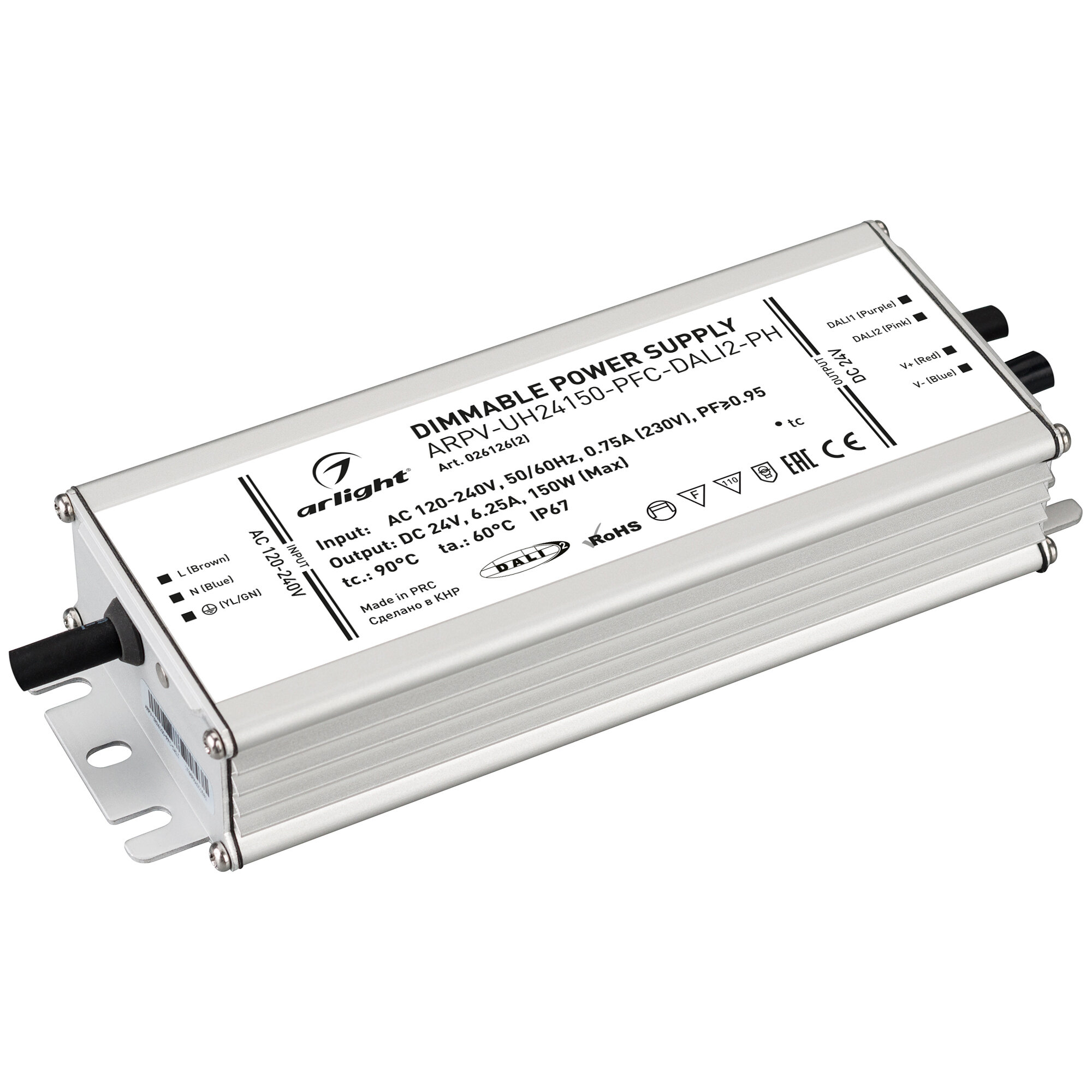Диммируемый источник напряжения Arlight Блок питания ARPV-UH24150-PFC-DALI2-PH (24V, 6.3A, 150W) (Arlight, IP67 Металл, 7 лет)