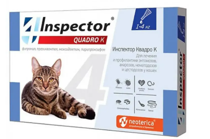 Inspector капли от блох и клещей Quadro K от 1 до 4 кг для кошек от 1 до 4 кг 3 пипетки в уп.