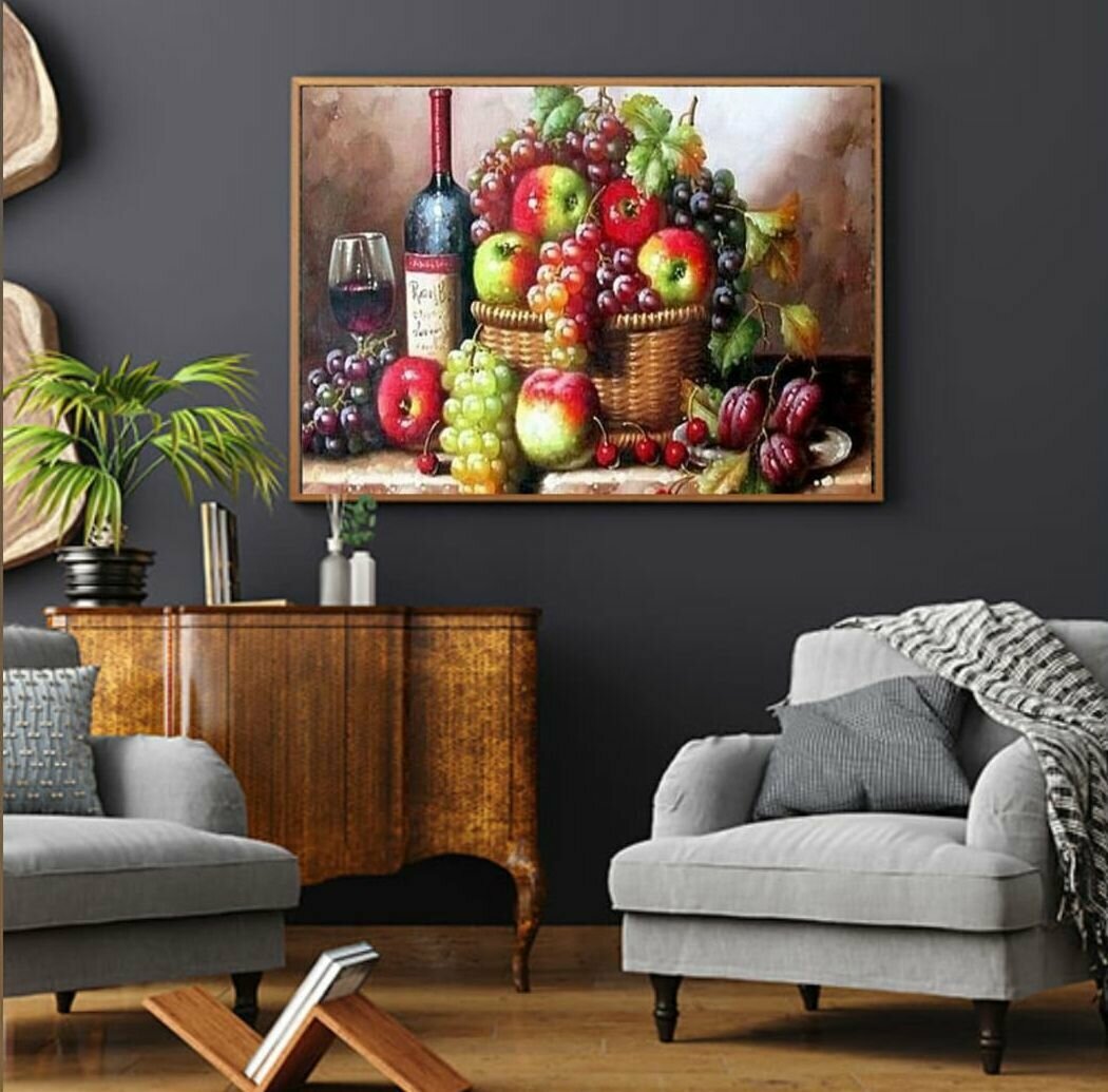 Картина раскраска по номерам на подрамнике на холсте 40*50 см "Виноград, яблоки и вино"