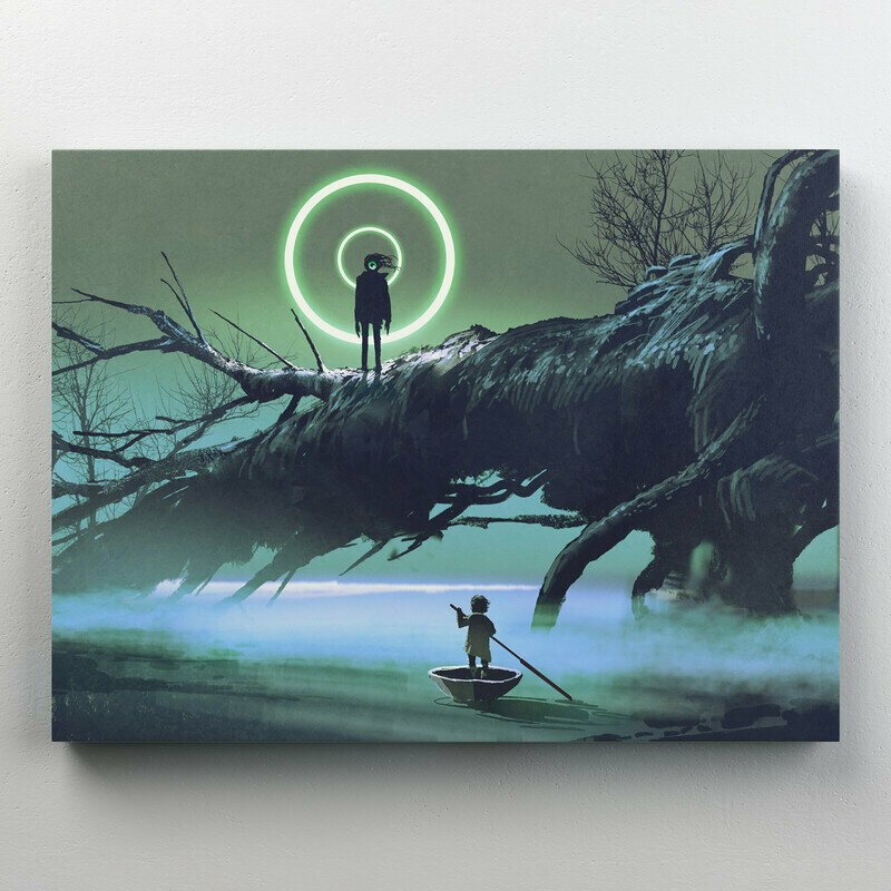 Интерьерная картина на холсте "Таинственный человек в светящихся кругах и мальчик в лодке" размер 40x30 см