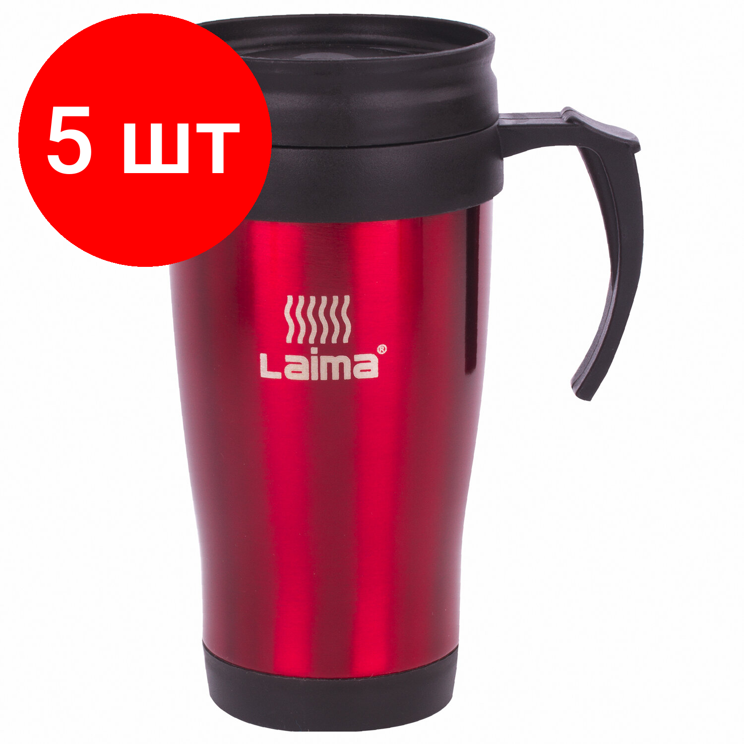 Комплект 5 шт, Термокружка LAIMA, 400 мл, нержавеющая сталь, пластиковая ручка, красная, 605127