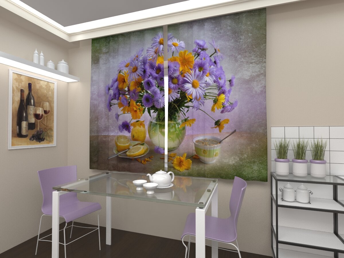 Фотошторы кухонные Арт Паула Букет луговых цветов Габардин В: 170 см Ш: 2*145 = 290 см