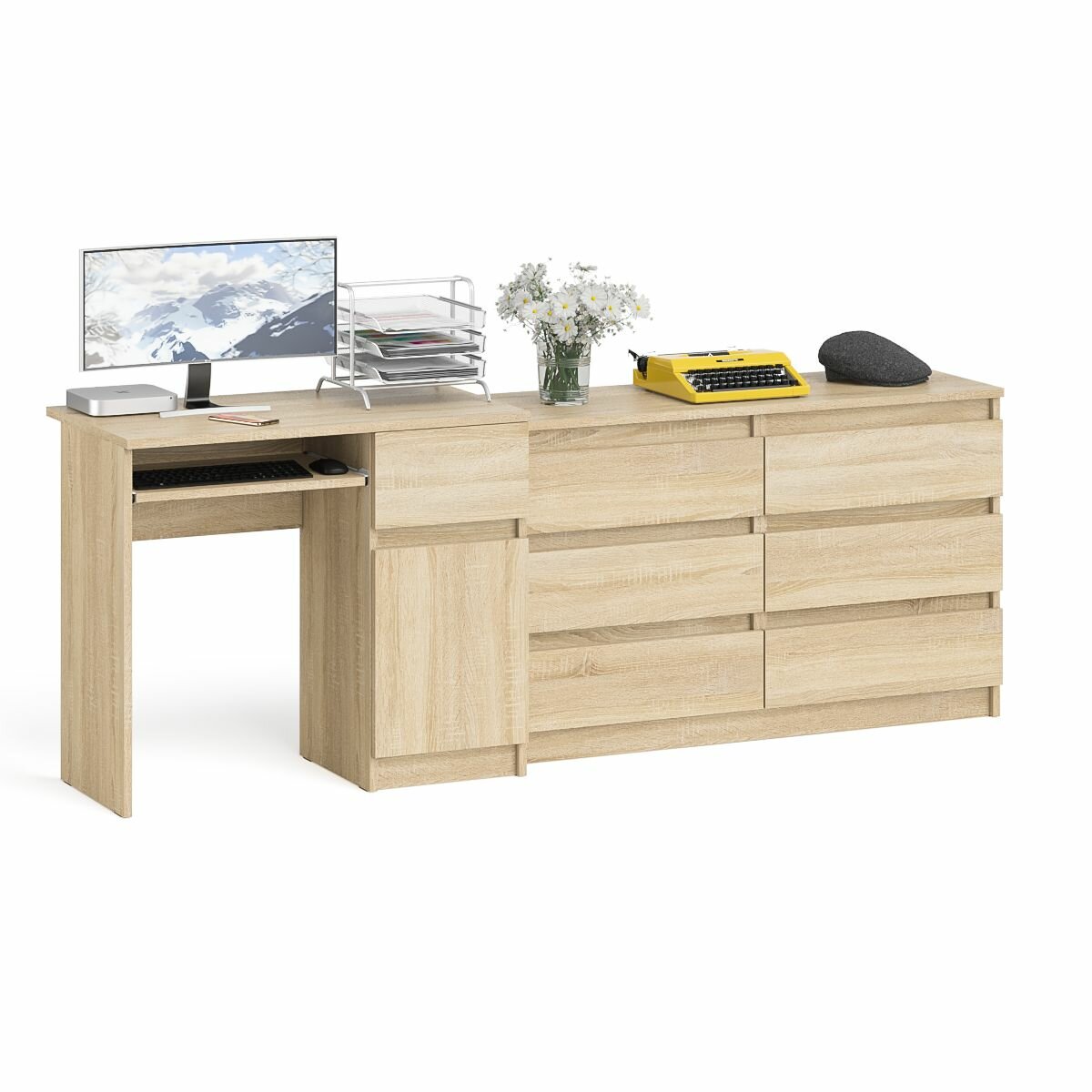 Компьютерный стол СВК Мори МС-1 с дверкой и ящиком справа и комодом цвет дуб сонома, 210,4х50х76,6 см.