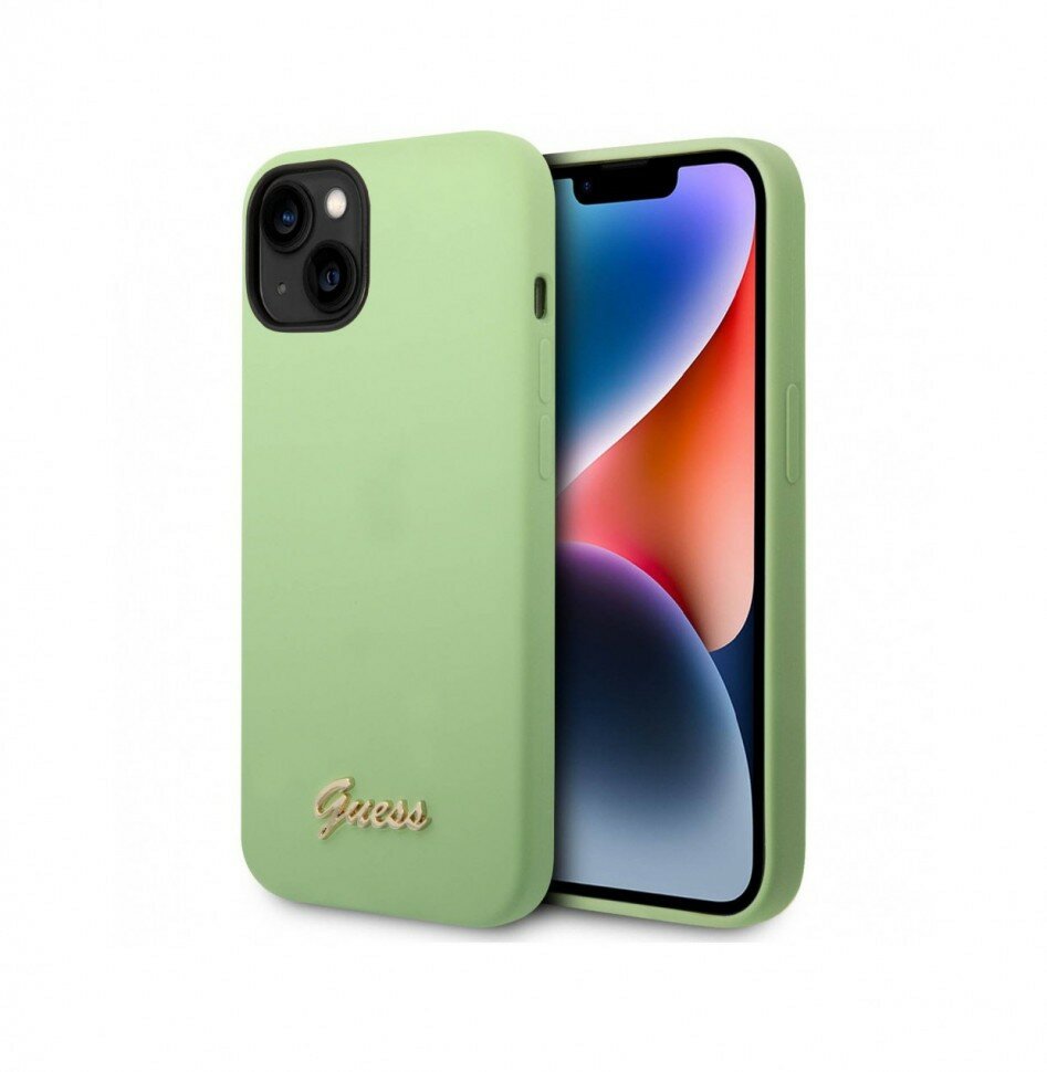 Guess для iPhone 14 Plus чехол Liquid silicone Gold metal logo Hard Green