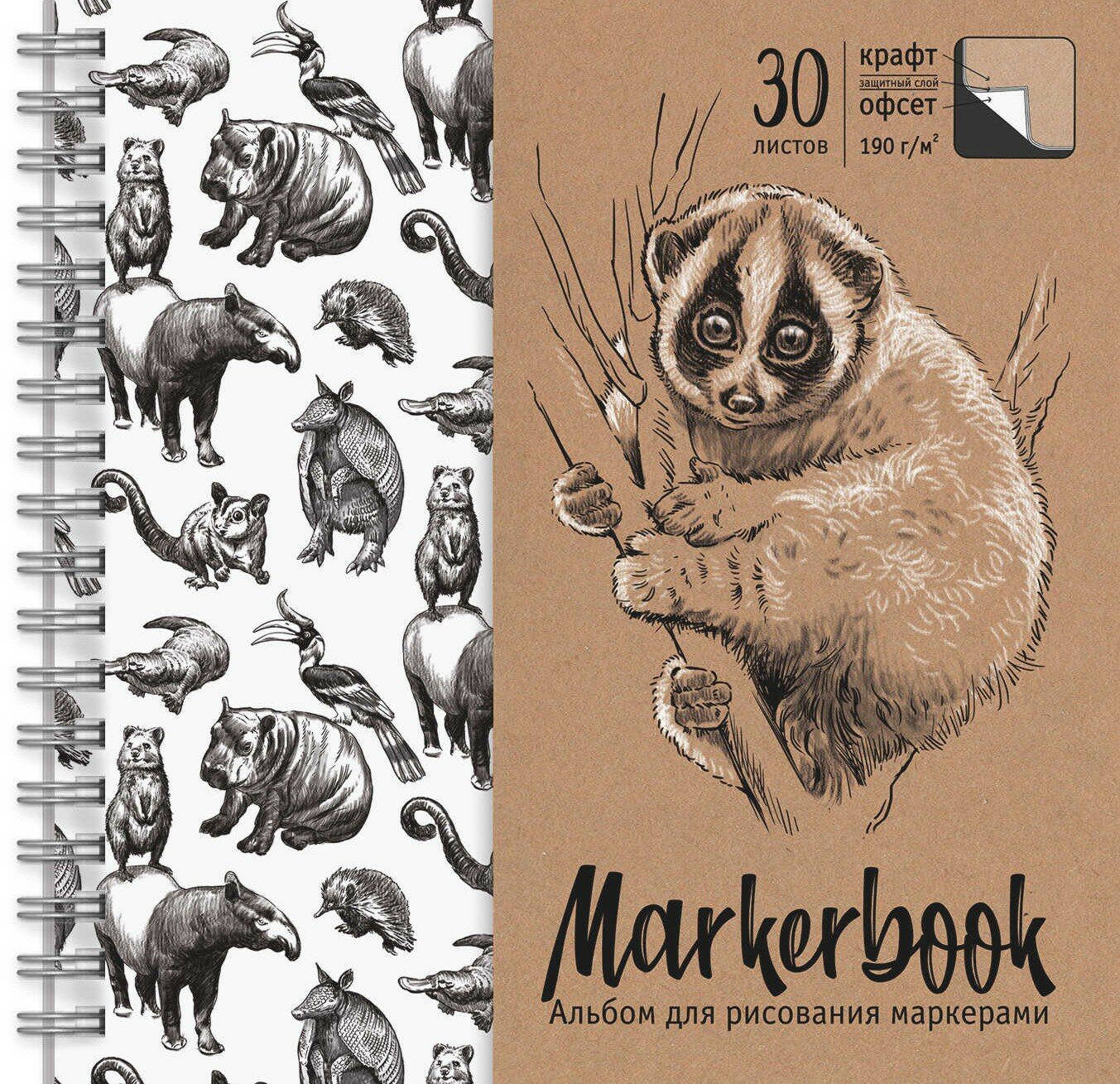Альбом для рисования маркерами "Лори", 195х195 мм, 30 листов, белая бумага + крафт (54041)