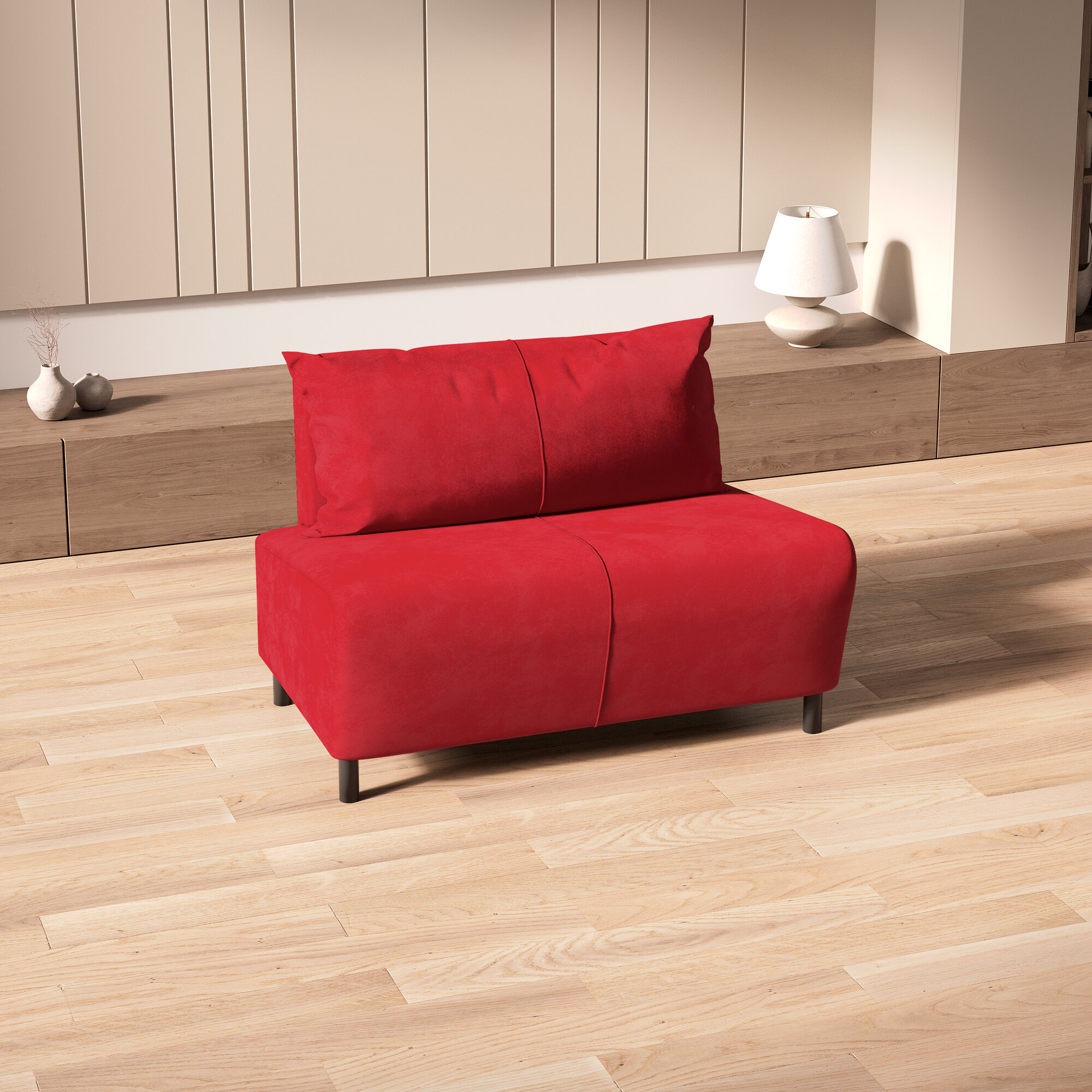 Диван TWIN, с подушкой, в офис, холл, 100 см, без подлокотников, антивандальный велюр, красный