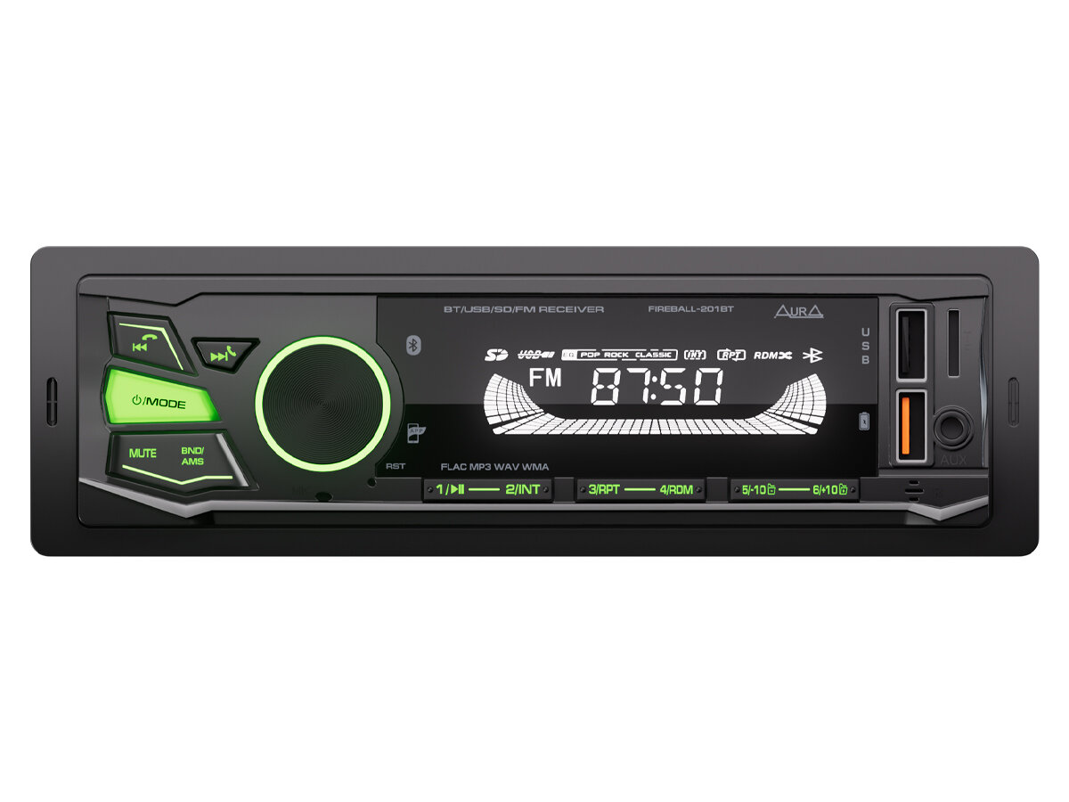 Магнитола автомобильная Aura FIREBALL-201BT USB/SD/MMC-ресивер, зелёная подсветка