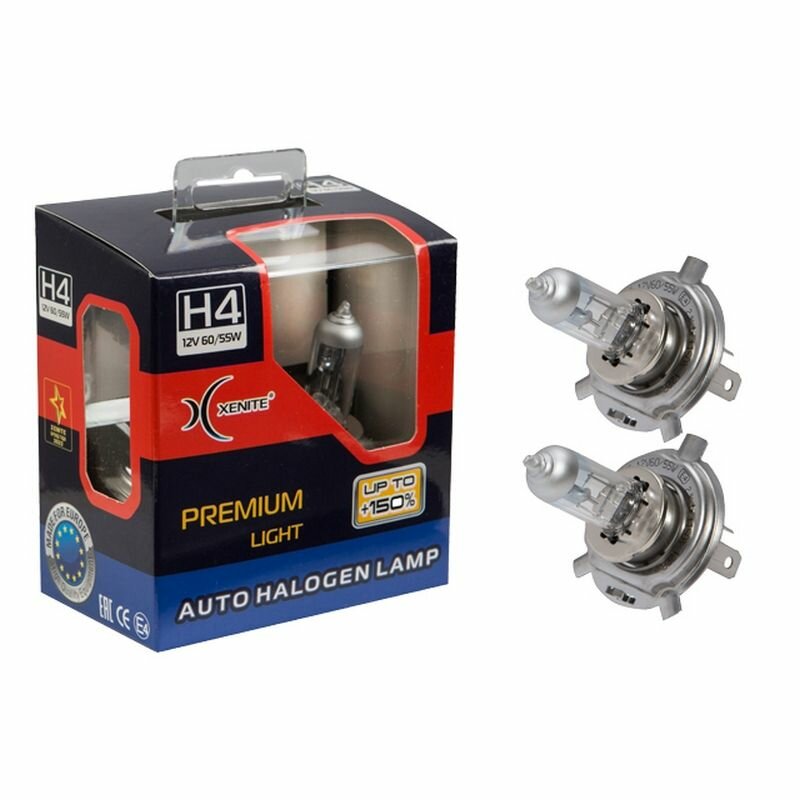 Лампа галогеновая головного света Xenite PREMIUM, H4, P43t, 12V, 60/55W +150% (2 шт.)