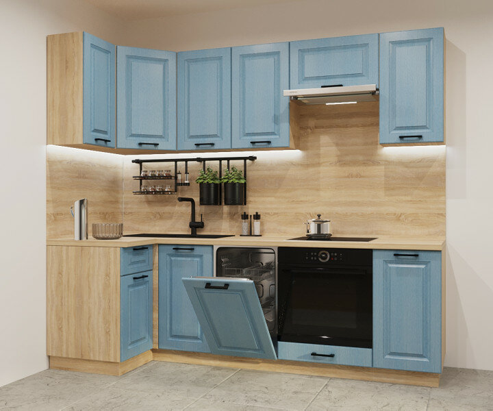 Кухонный гарнитур МДФ угловой Роялвуд Голубой 1000*2450 мм