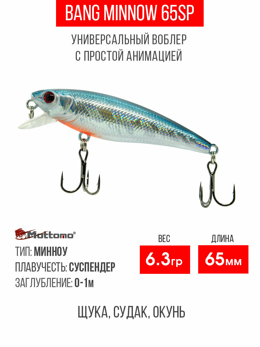 Воблер для рыбалки Mottomo Bang Minnow 65SP 6,3g минноу суспендер для спиннинга, твичинга. Приманка на щуку