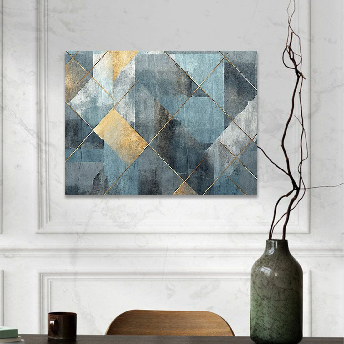 Картины для интерьера 40х60 Абстракция ромбы синий голубой золото масло