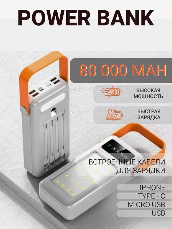 PowerBankМix с 2 фонариками 80000mAh 4 кабеля внешний аккумулятор