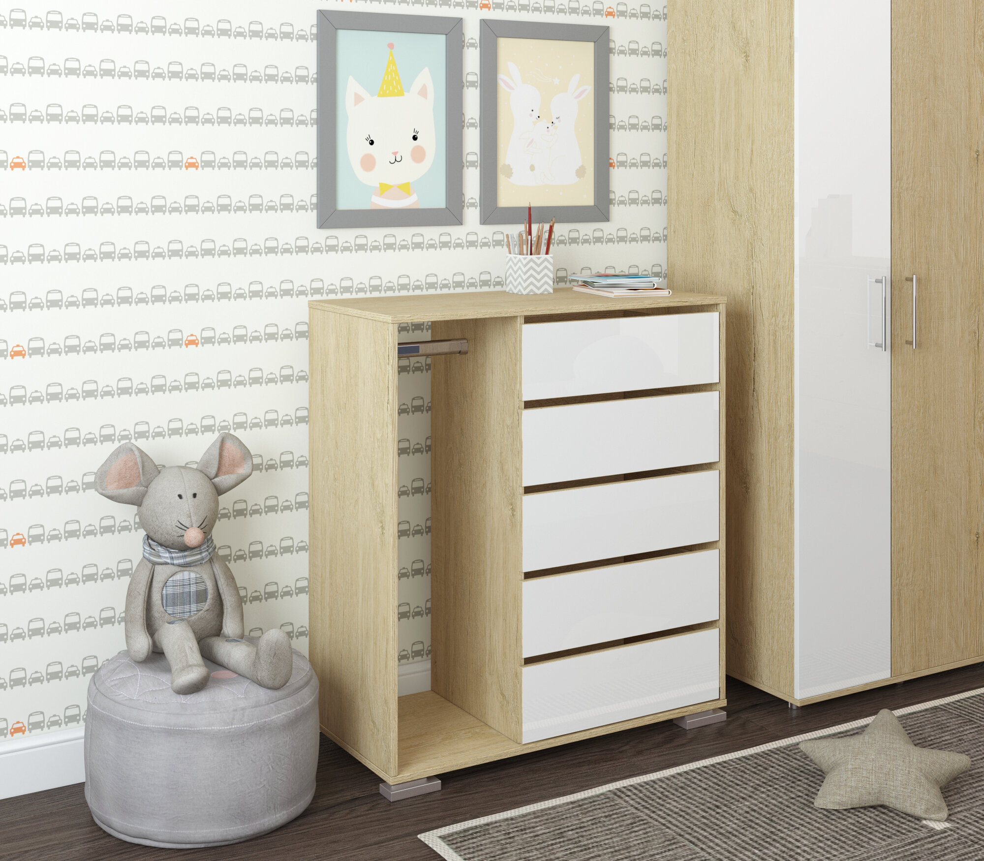 Шкаф, комод, шкаф-комод с ящиками, со штангой Есэндвич Лаворо, 90x43х102 см, правый (Пикард/Белый глянец)