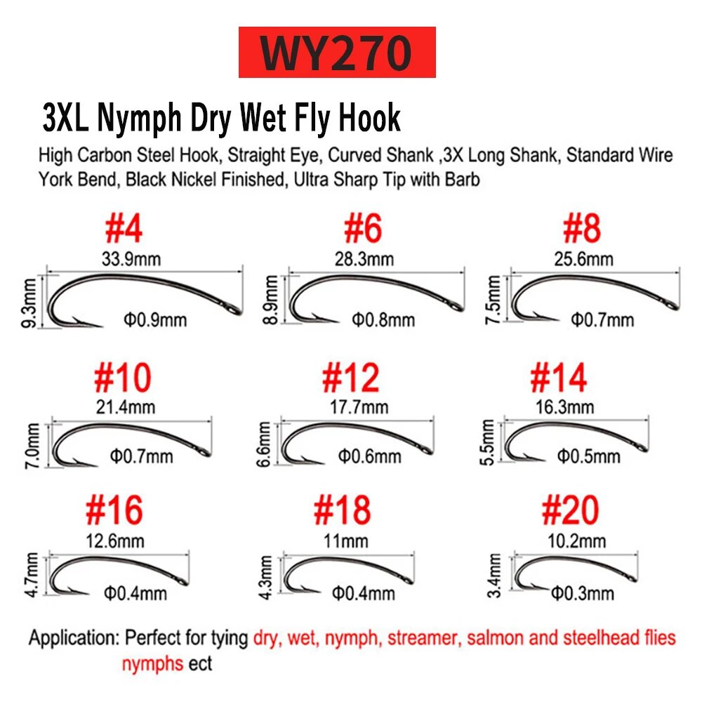 50шт. WY270 #18 Черные крючки для мух 3X Long Shank