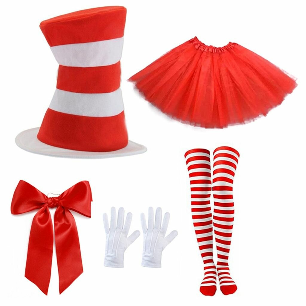 (1 комплект) Костюм с высокой шляпой в красно-белую полоску -шляпа, перчатки, бант, носки, юбка