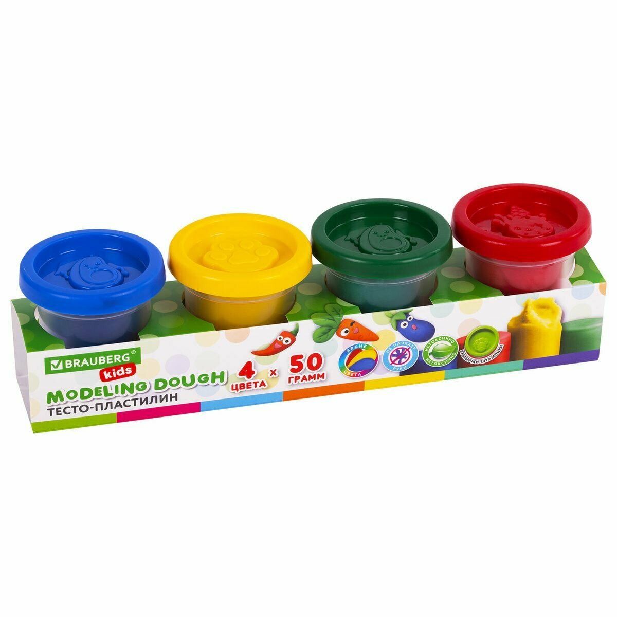 Пластилин-тесто для лепки Brauberg Kids, 4 цвета, 200г, яркие классические цвета, крышки-штампики (106714), 28 уп.