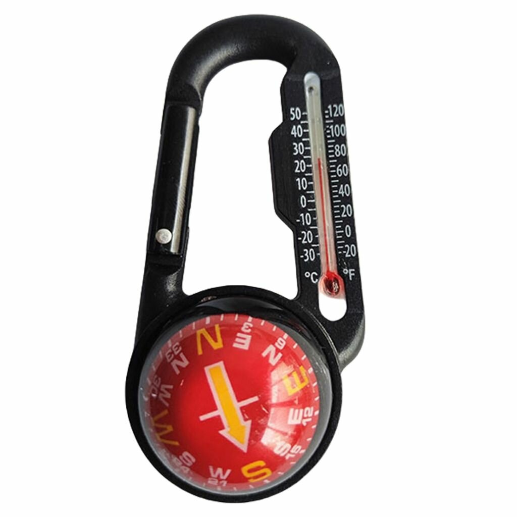Карабин с компасом и термометром - красный фон, жёлтая стрелка