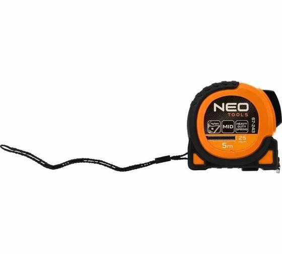 Стальная рулетка NEO TOOLS Super Black 5 м, 25 мм, автоблокировка, две кнопки остановки, магнит