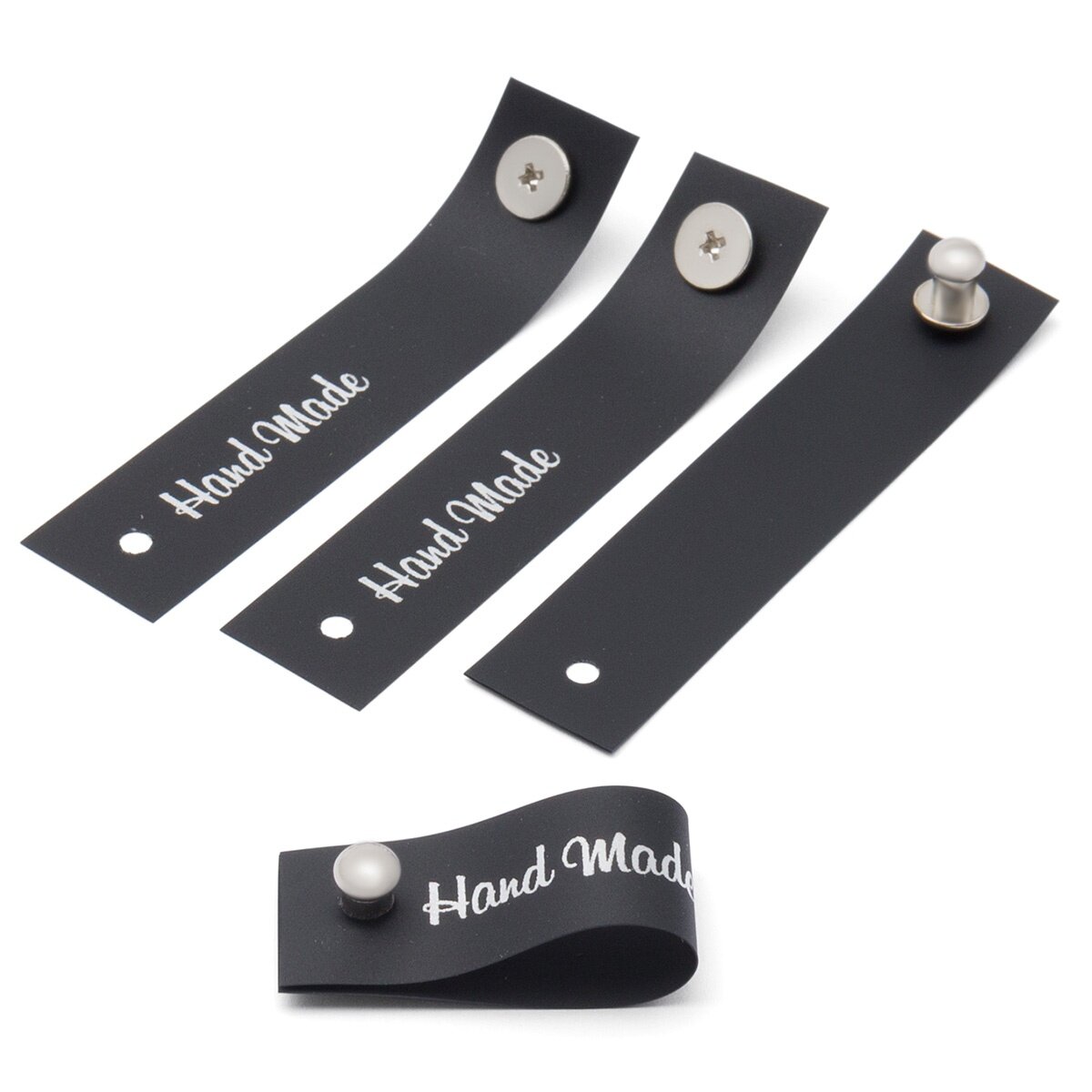 Декоративные бирки айрис "Hand Made", черные силиконовые, с кнопкой, серебристая печать, 1,5х5 см, 4 шт