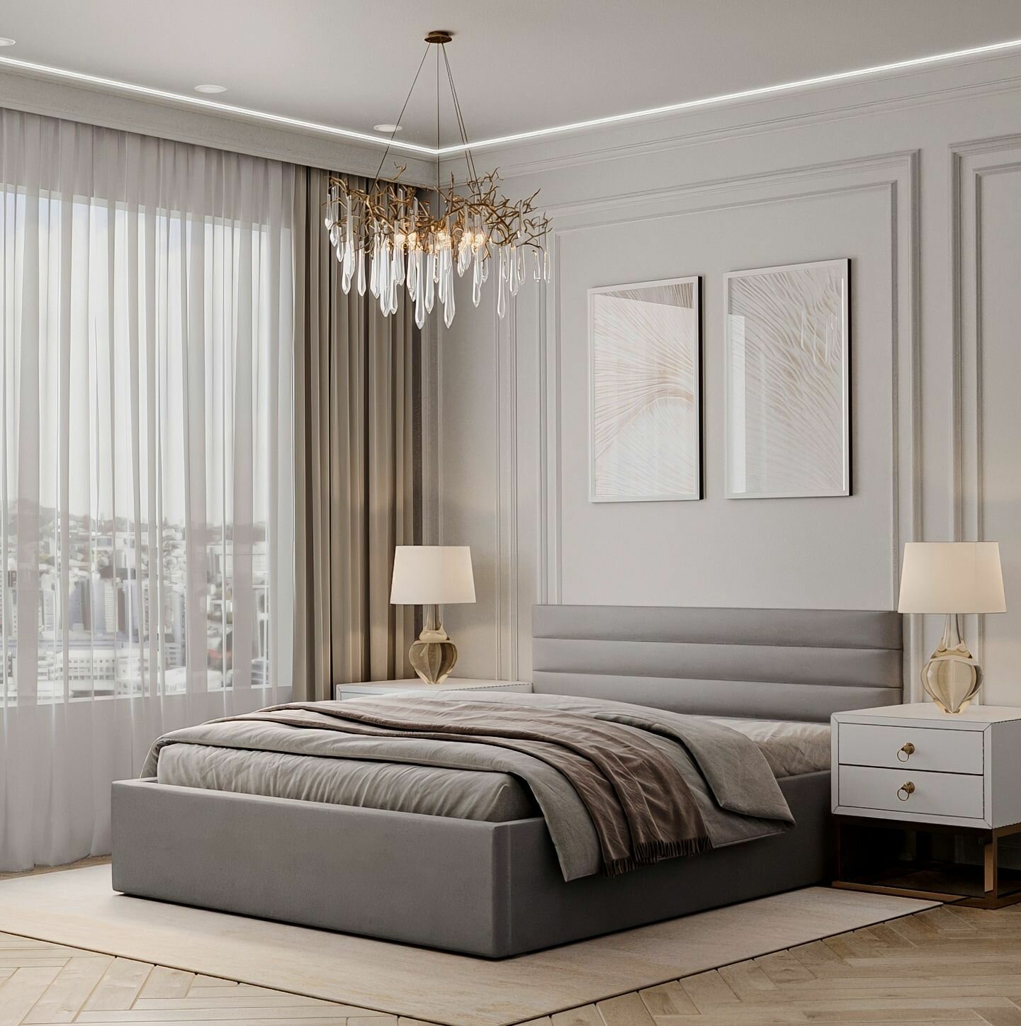 Кровать с матрасом 200х200 двуспальная с подъемным механизмом, с ящиком для белья, светло-серая