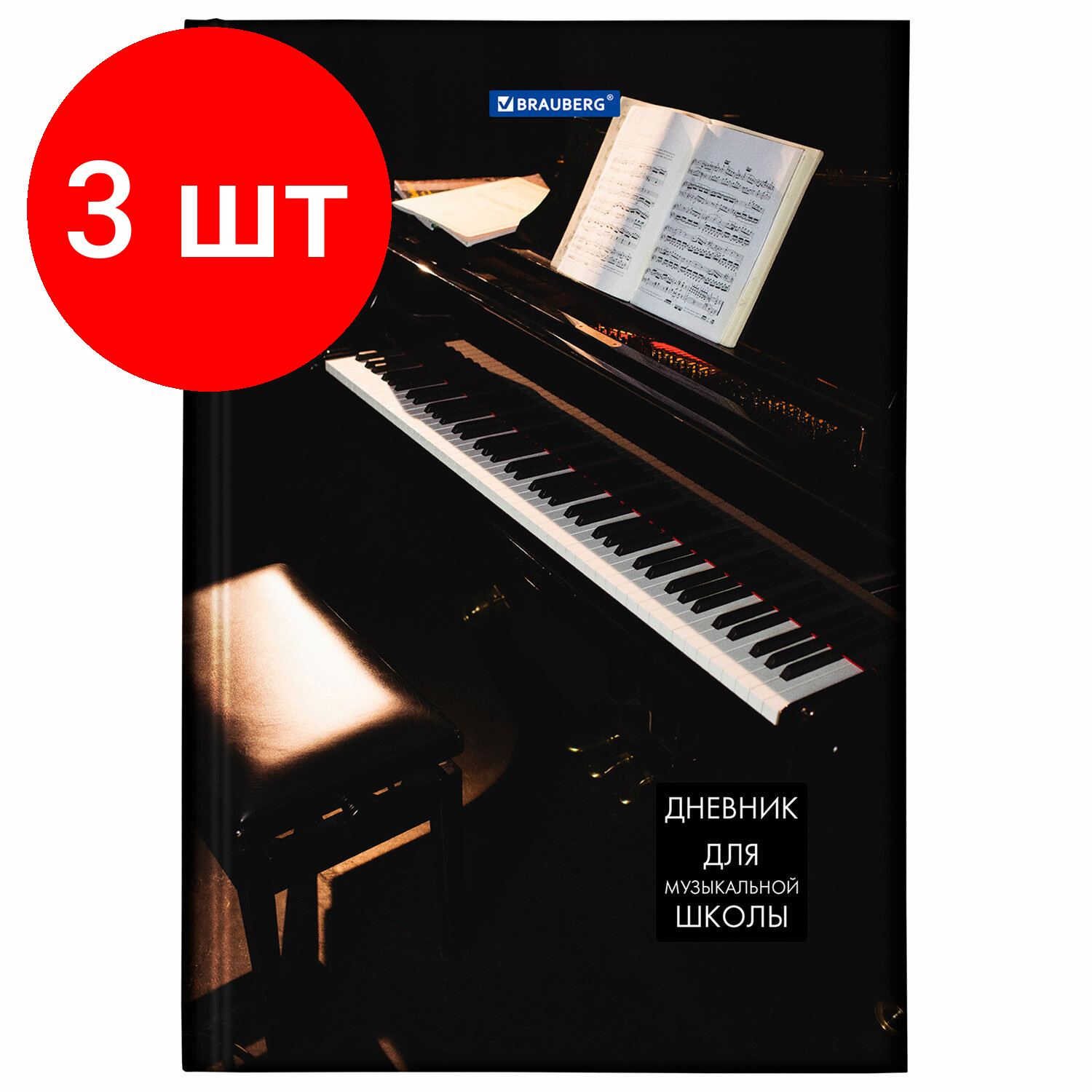 Комплект 3 шт, Дневник для музыкальной школы 140х210 мм, 48 л, твердый, BRAUBERG, справочный материал, "Концерт", 103279