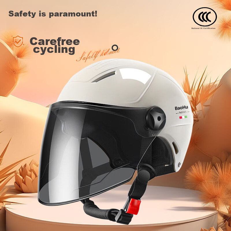 Baohu Helmet, 3C Certified, Electric Vehicle Helmet, Motorcycle Helmet, Electric Scooter Helmet, Unisex Half Helmet, All-Season Safety Helmet, 376 Matte Black (Sun Protection Long Visor), One Size Fits All