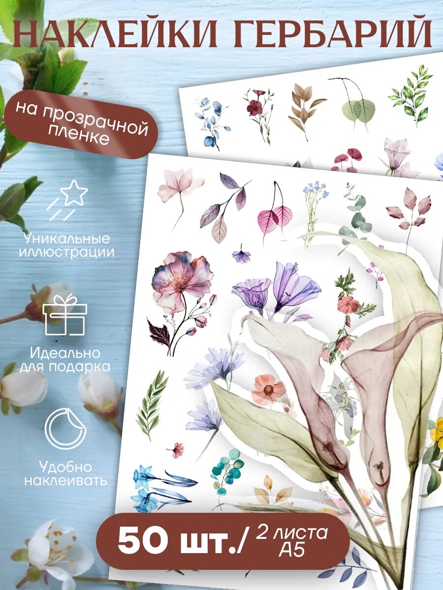 Виниловые наклейки Stick to Stick "Гербарий", многоразовые, 50 штук